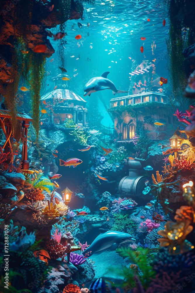Whimsical Underwater Scenes with Playful Marine Life and Sunken ...