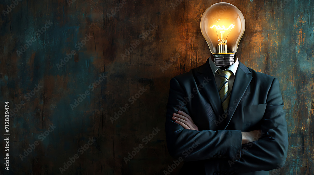 Portrait businessman in suit with light bulb on head, inspiration and ...