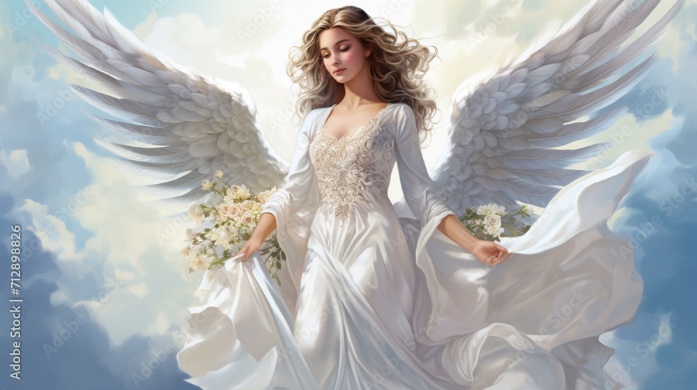 illustration of a very beautiful heavenly angel, very white skinned ...