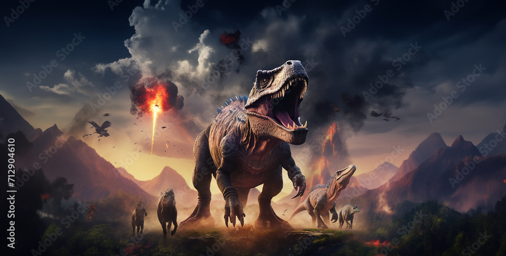 Dinosaur Volcanic Eruption Illustration, Dinosaur in the fire. 3D ...