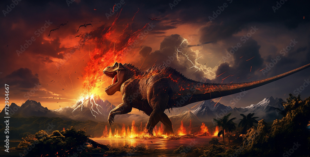 Dinosaur Volcanic Eruption Illustration, Dinosaur in the fire. 3D ...
