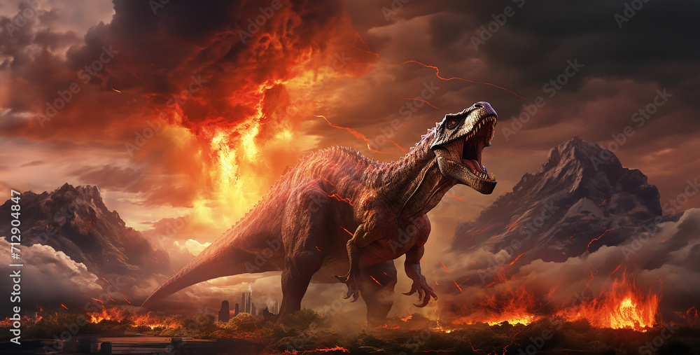 Dinosaur Volcanic Eruption Illustration, Dinosaur in the fire. 3D ...