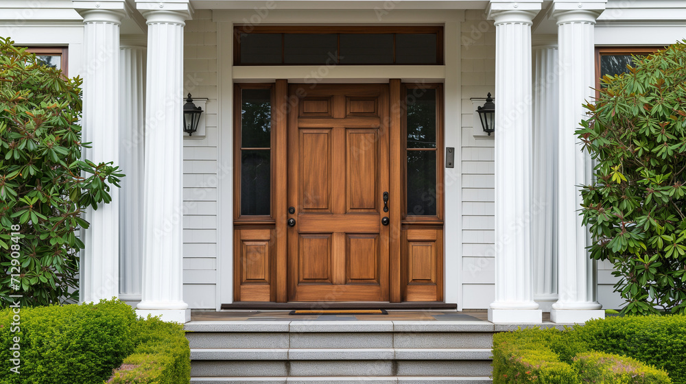 Main entrance door in house. Wooden front door with gabled porch and ...