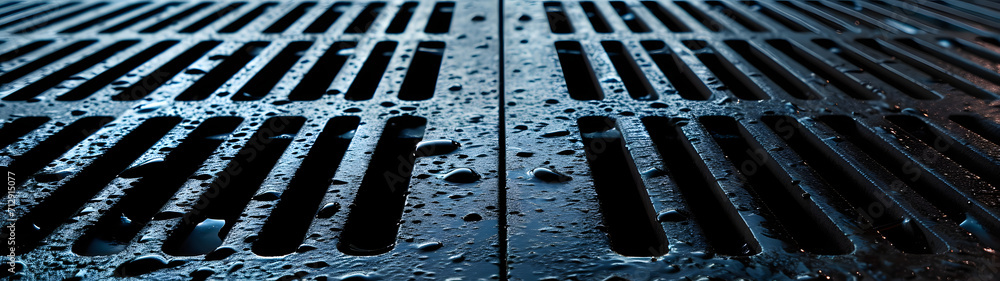 Rivulets of water cascade gracefully over the gridded metal surface ...