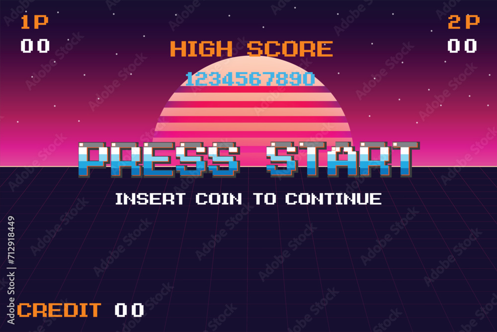 PRESS START INSERT A COIN TO CONTINUE .pixel art .8 bit game. retro ...