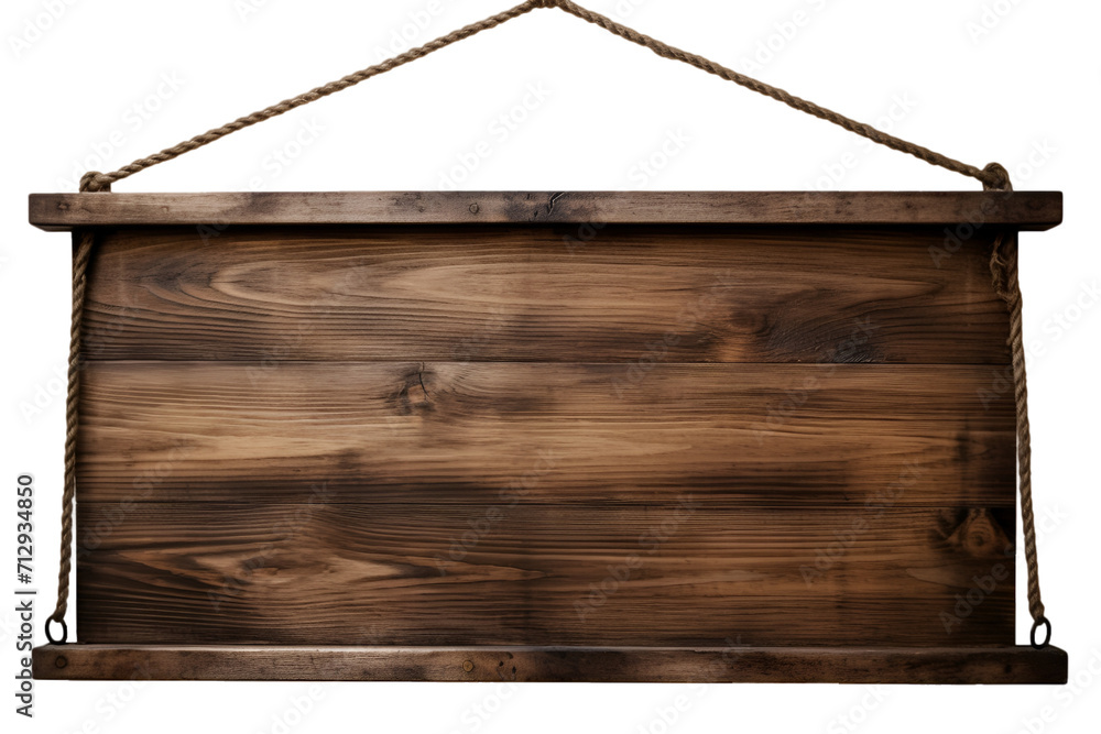Empty hanging wooden dark sign board with ropes isolated on transparent ...