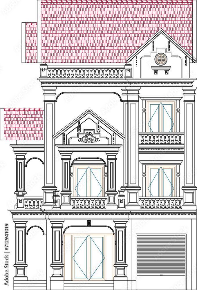 Vector sketch illustration of engineering design drawing of old classic ...