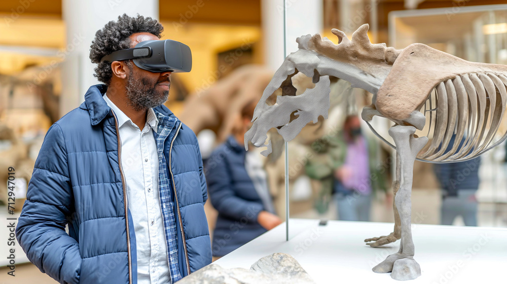 man in a museum is wearing a VR headset, standing next to a dinosaur ...