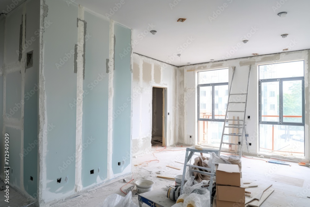 Drywall installation work in progress by construction workers at ...