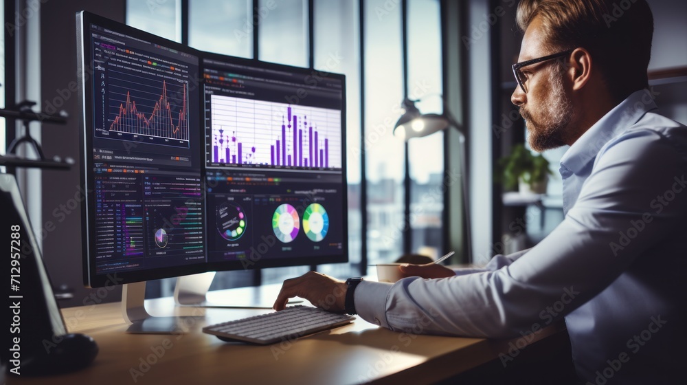 analyst uses computer and dashboard for data business analysis and Data ...