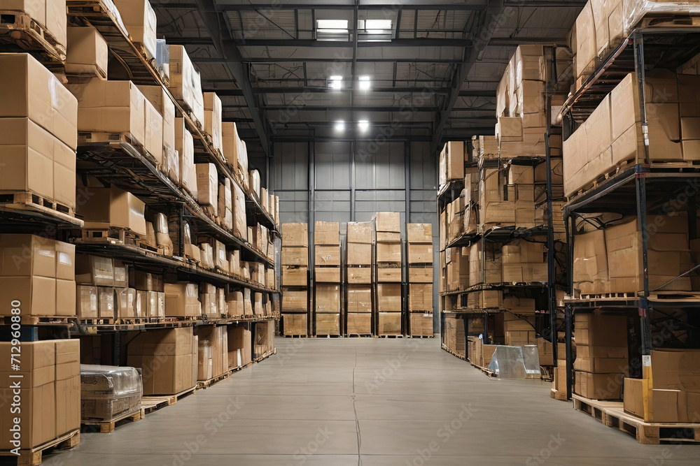 Explore the vastness of our warehouse scene, filled with neatly stacked ...