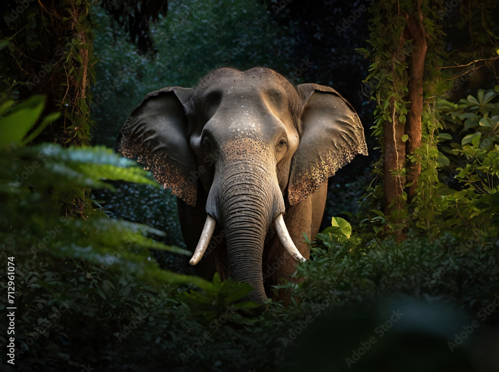 The face of an Asian Elephant peaking out of the jungle at night ...