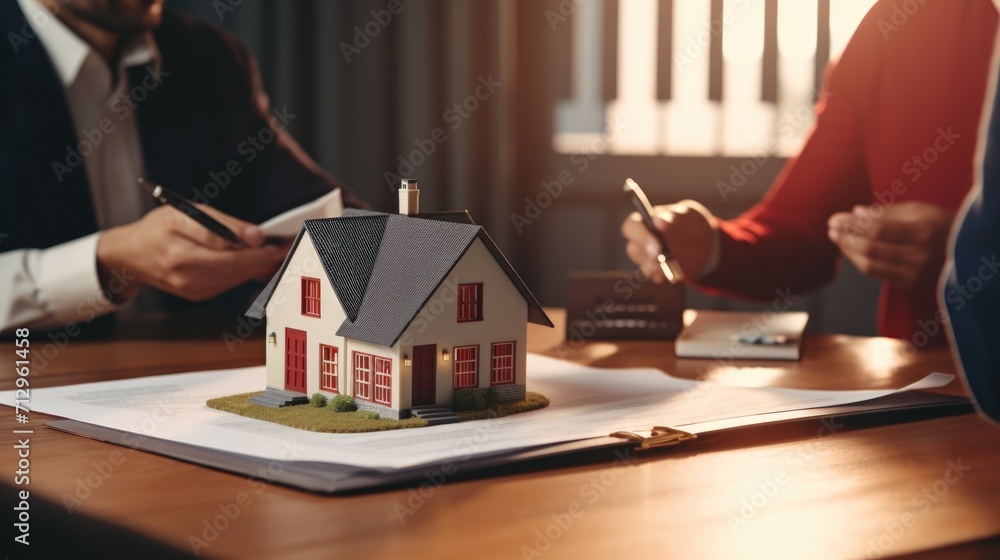 Insurance concept the property dealer presenting the new model of house ...