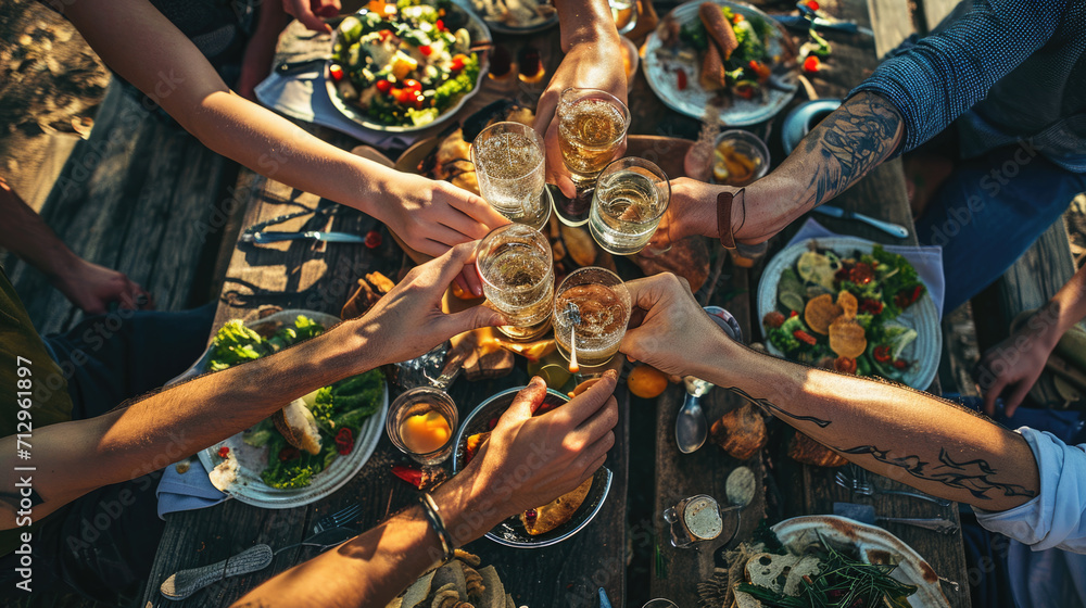Top view of a group of people sitting around a rustic wooden dining ...