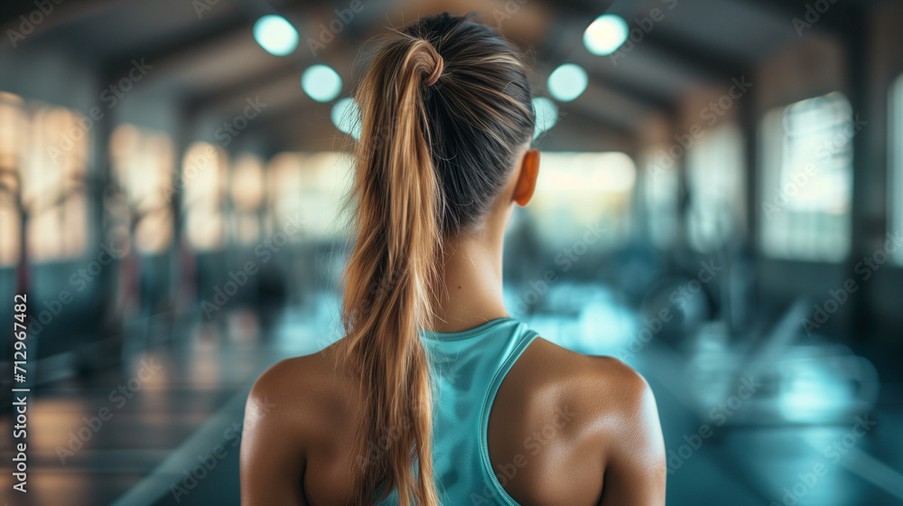 Seen from behind, the young woman stands in sporty clothing, ready for ...
