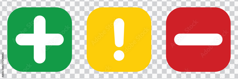 Set of flat square plus sign, exclamation point and minus sign icons ...