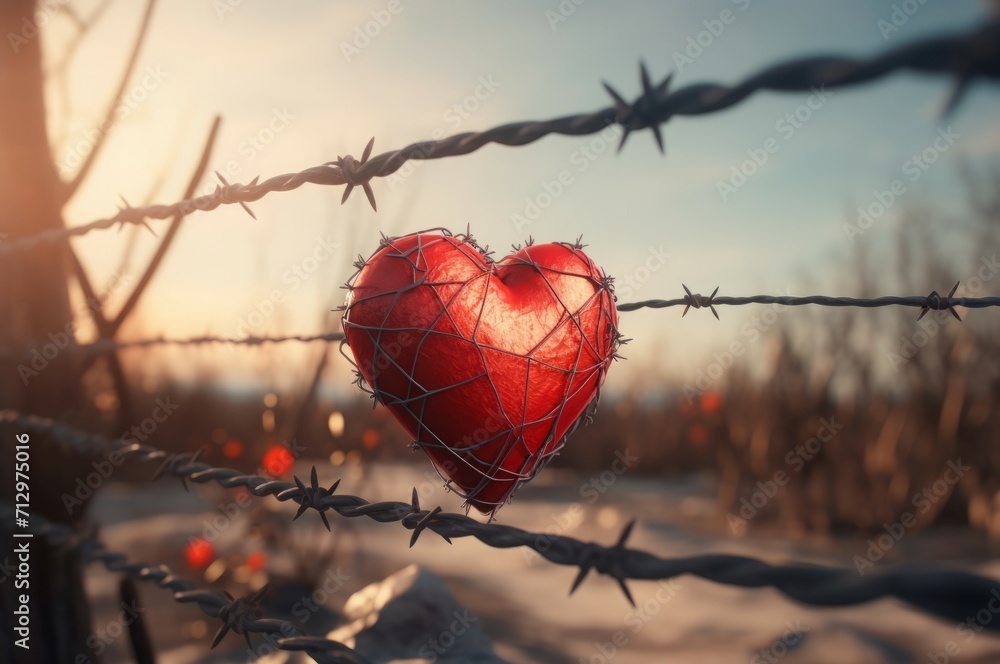 Red heart stuck in barbed wire. Emotional love trapped captivity heart ...