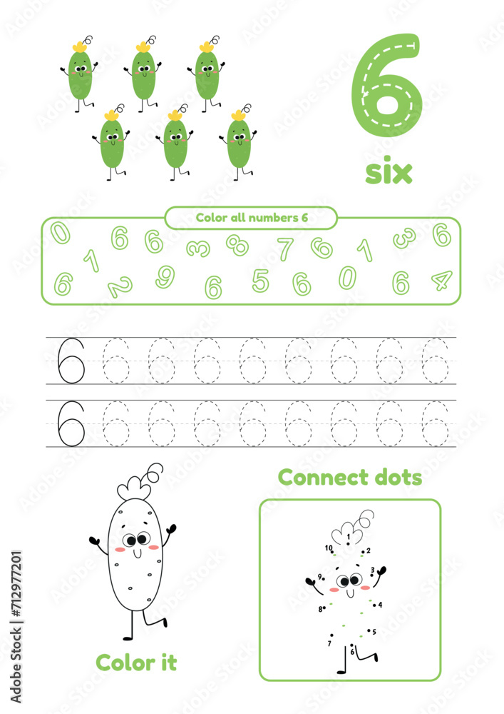 Color page, dot to dot, trace. Learn number 6. Many games on one page ...