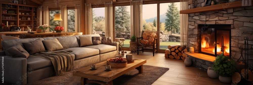 cozy warm home interior of a chic country house with an open plan, wood ...