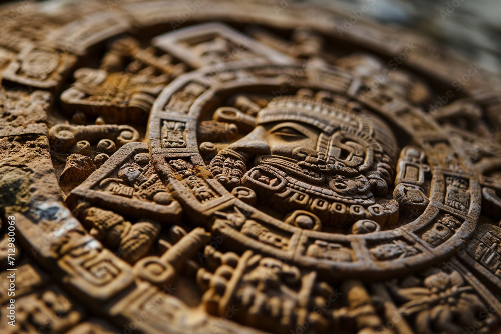 An image of the Aztec calendar stone, richly detailed with mythological ...