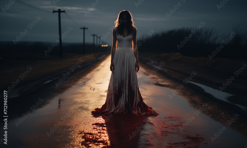 Scary scene of woman white dress stained with blood on a wet walkway ...