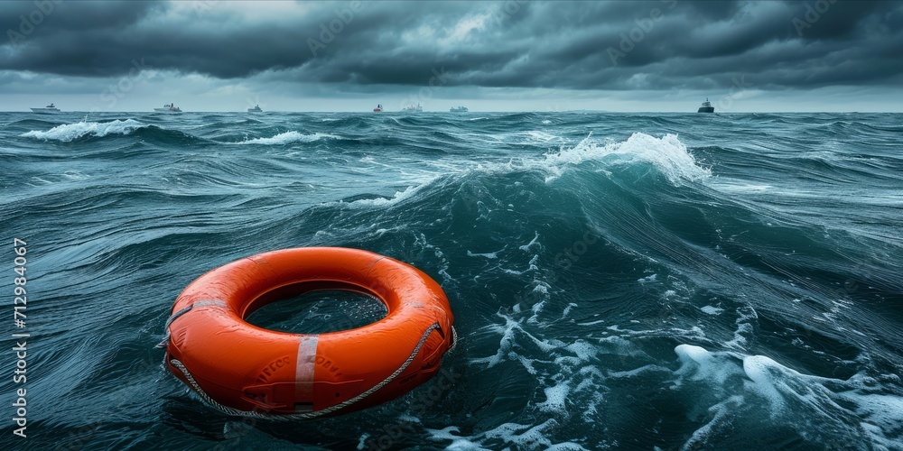 Lifebuoy floating in open sea with waves, lifeboats in the distance ...