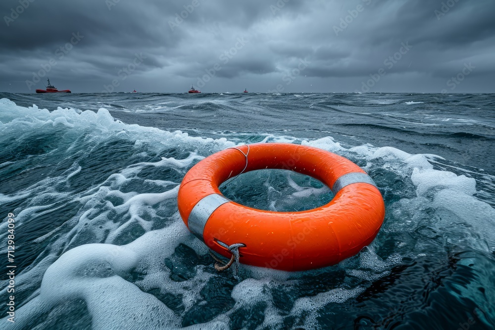 Lifebuoy floating in open sea with waves, lifeboats in the distance ...