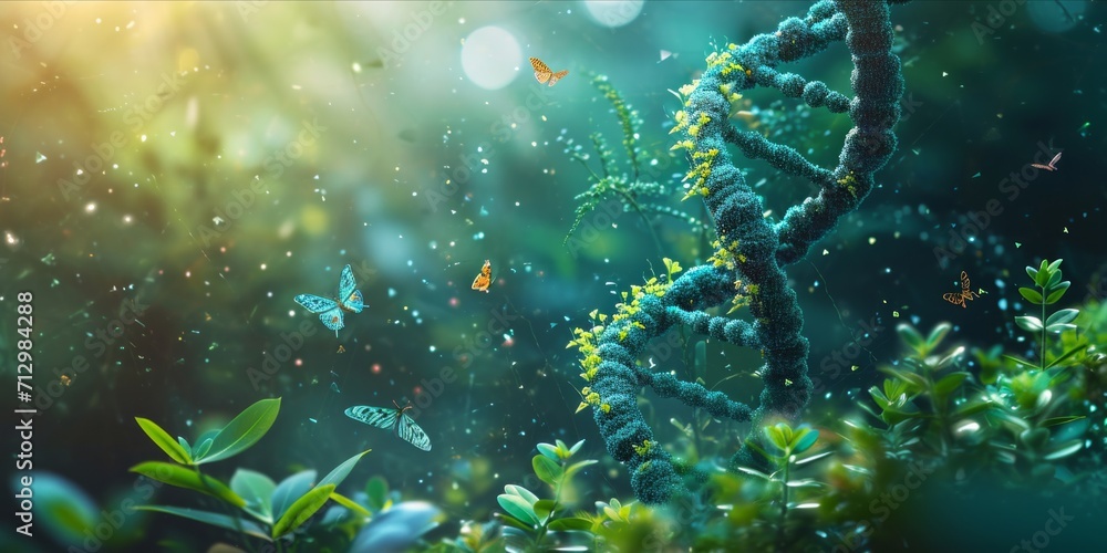 DNA double helix structure intertwined with various green plants and ...