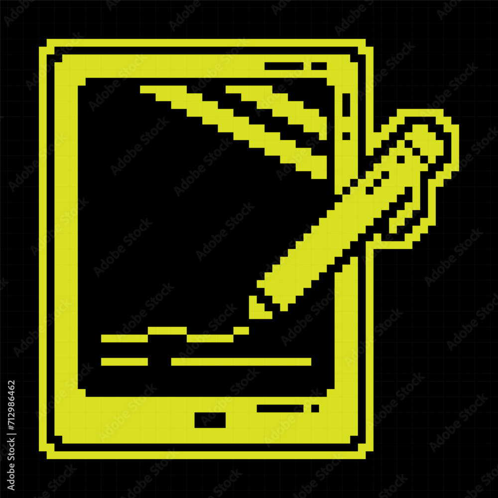Pixel silhouette icon. Electronic pen digitally signs tablet screen ...