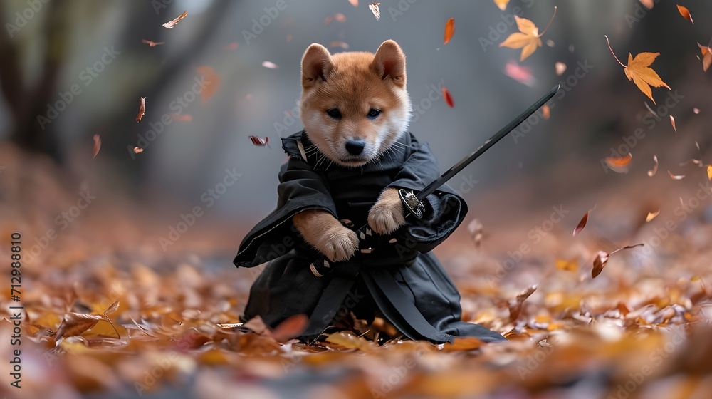 Shiba inu dog as samurai warrior in battle pose with katana sword ...