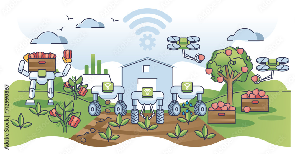 Farm bots harvest collection scene with autonomous technology outline ...