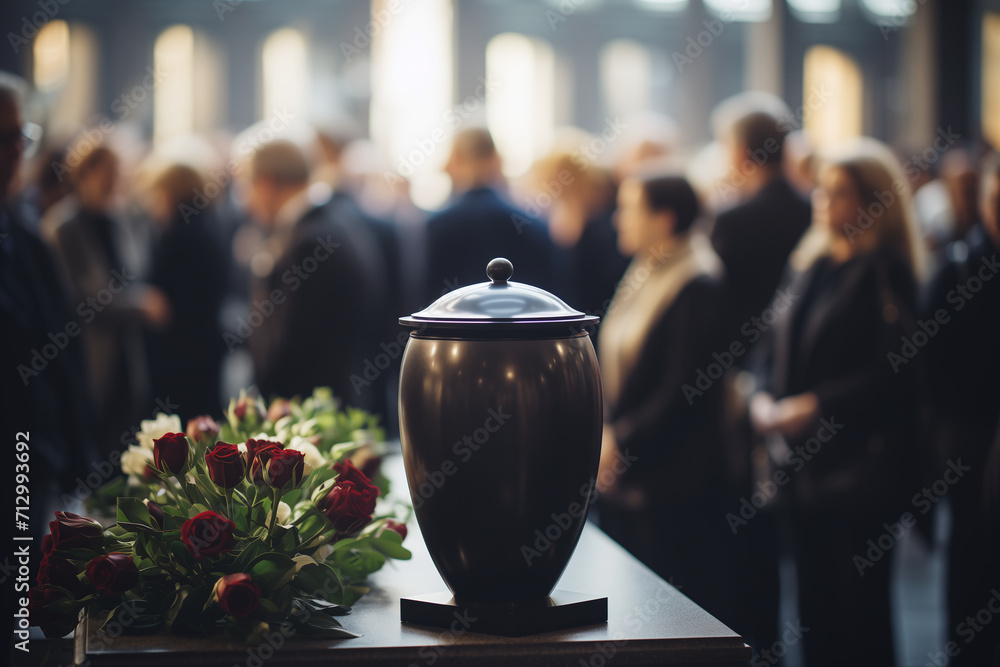 A Funeral urn with ash stands with flowers in a cemetery chapel just ...