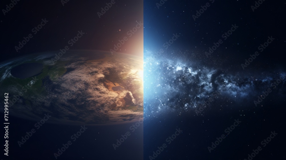 Starry space background with day and night transition over planet earth ...