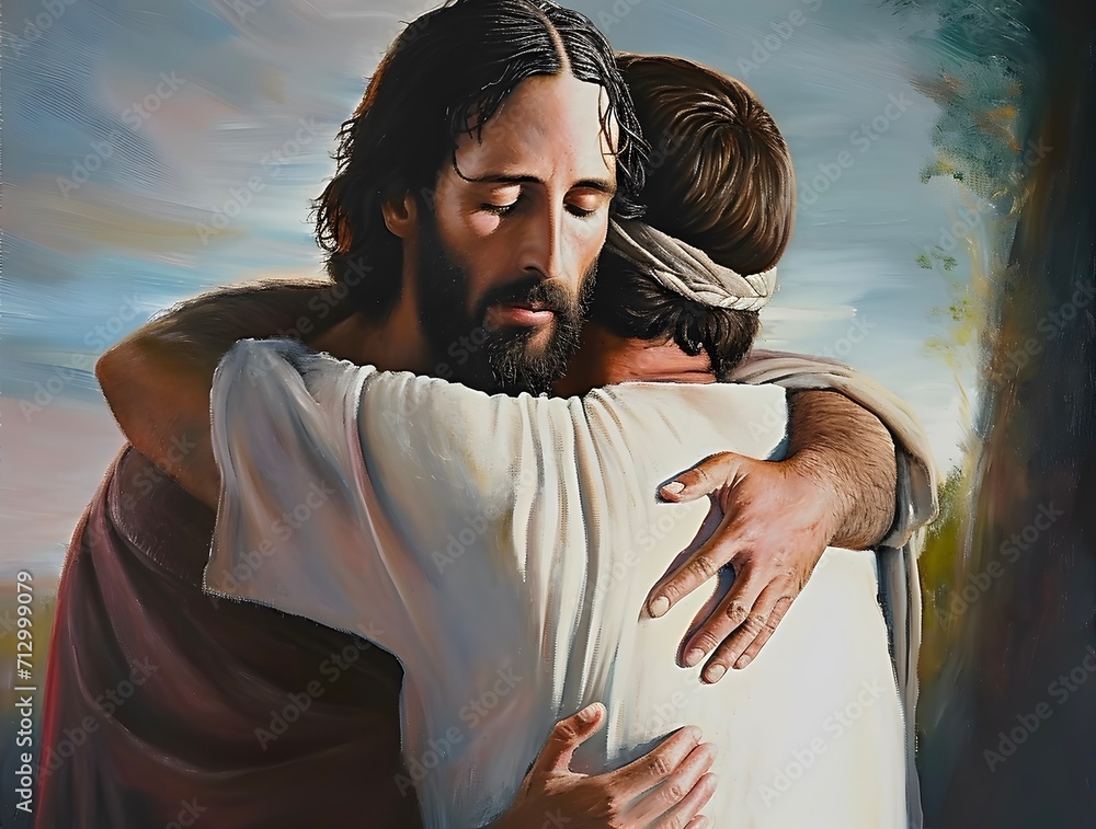 Jesus Christ hugging and comforting a man, oil painting Stock ...