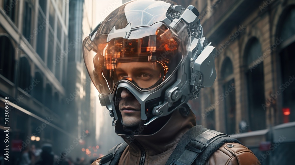 A man in a futuristic tactical helmet and combat gear stands alert on a ...