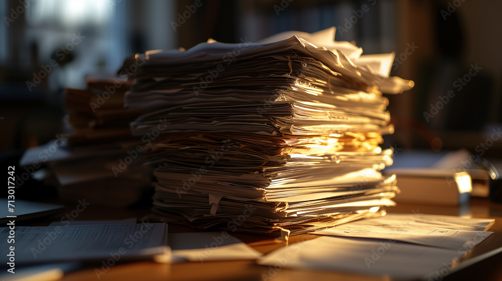 A large stack of documents on the office desk. Evening lighting ...