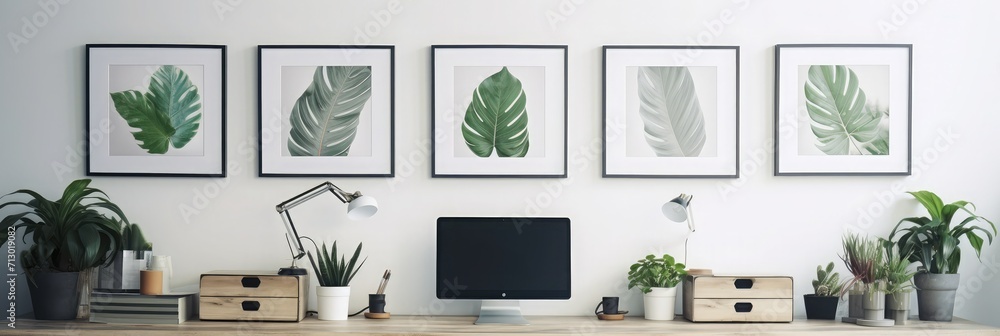 Patterned posters above desk with computer monitor in grey home office ...