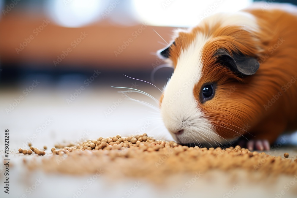 guinea pig sniffing a pile of pellets Stock Photo | Adobe Stock