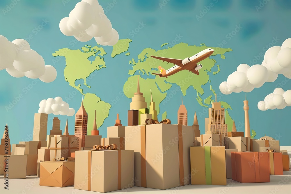 Relocation airplane cardboard boxes cartoon moving illustration 3d ...