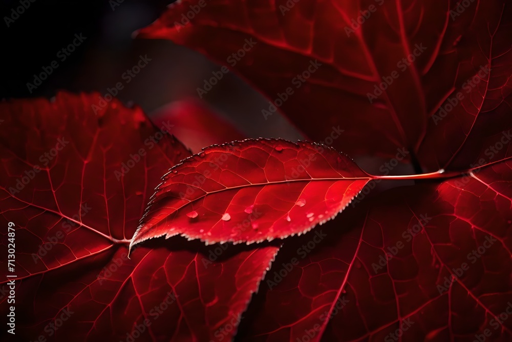An exceptional close-up showcasing the fascinating details of a single red leaf. The flawless ...
