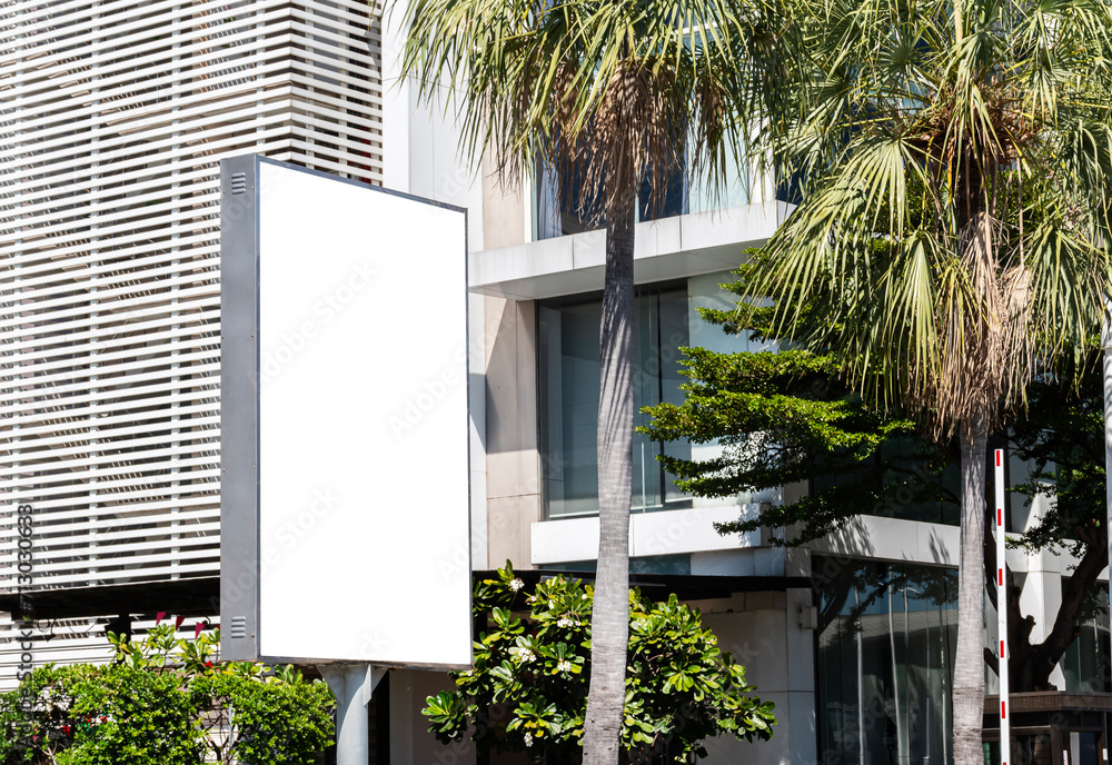 Outdoor pole vertical billboard with mock up white screen. Clipping ...