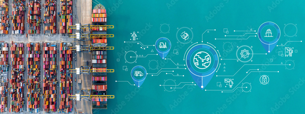 Aerial view container cargo ship at container cargo seaport terminal ...