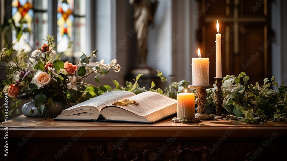 Sunlight illuminating a beautiful altar with a cross and the holy bible ...