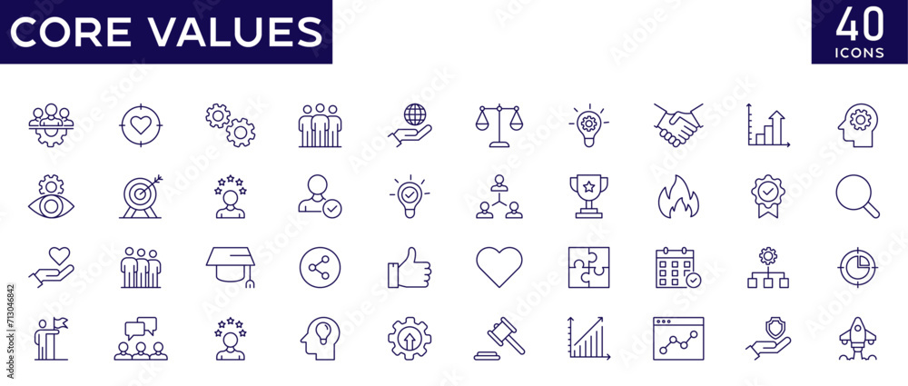 Core values icons set with fully editable stroke thin line vector ...