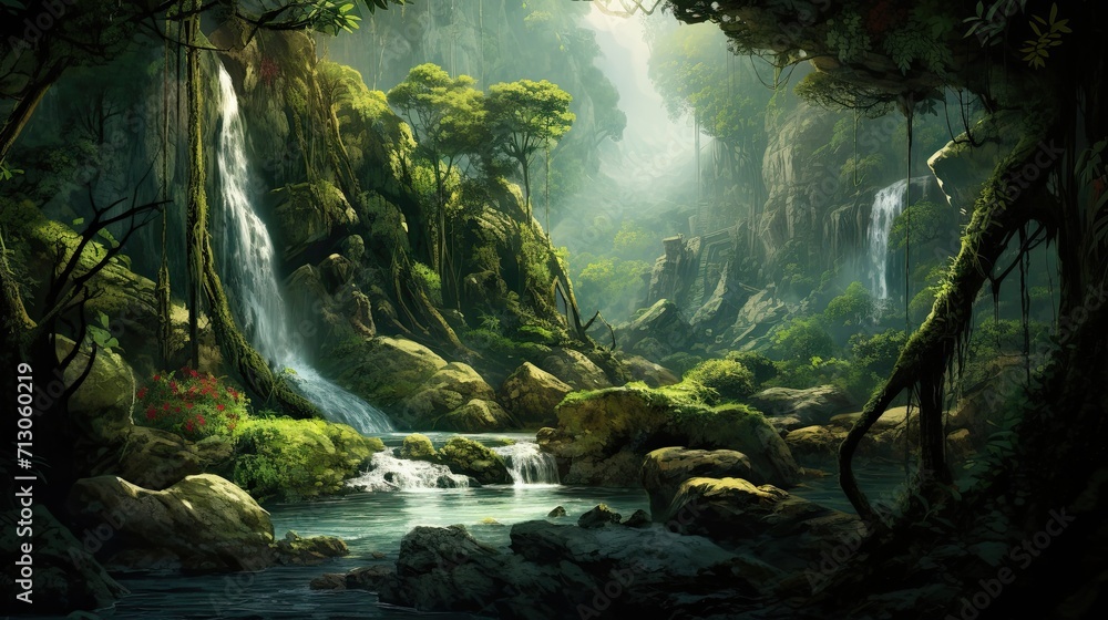 Vibrant rainforest boasts dense, lush vegetation. Rich biodiversity ...