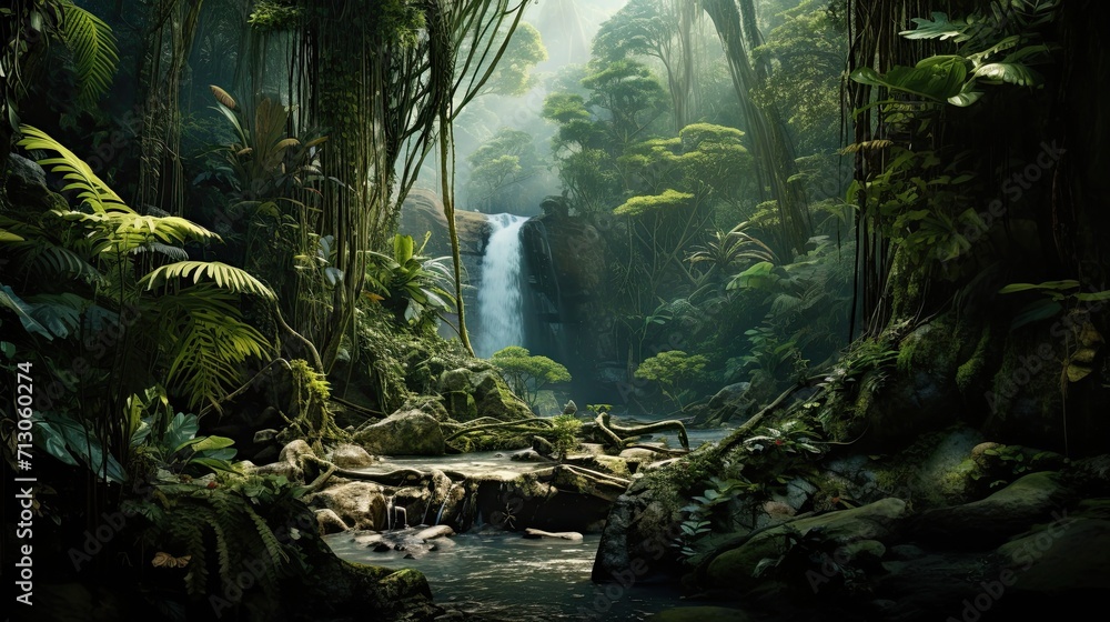Lush rainforest adorned with dense and vibrant vegetation. Flourishing ...