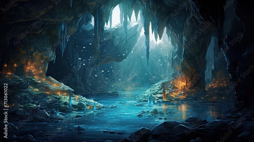 Mysterious cavern illuminated by shimmering crystals in various hues ...