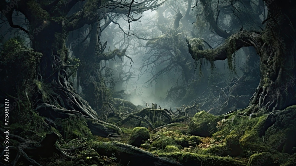Secretive forest shrouded in mist, populated by ancient gnarled trees ...