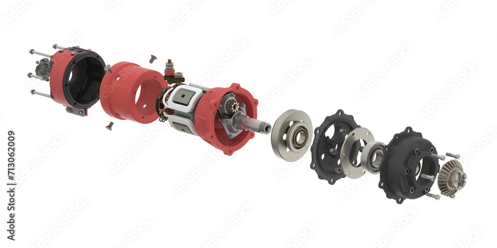 Electric starter for automotive industry in exploaded view. Car spare ...
