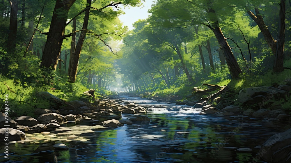 Serene river winding through a tranquil, sun-dappled forest. Peaceful ...